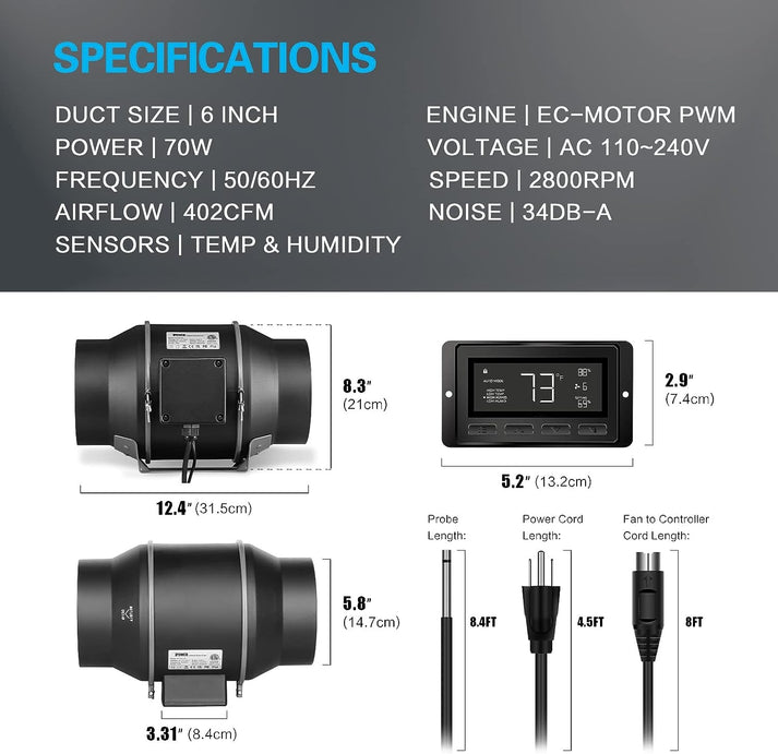 Inline Duct Extraction Fan with Temperature Humidity Controller – Plant ...